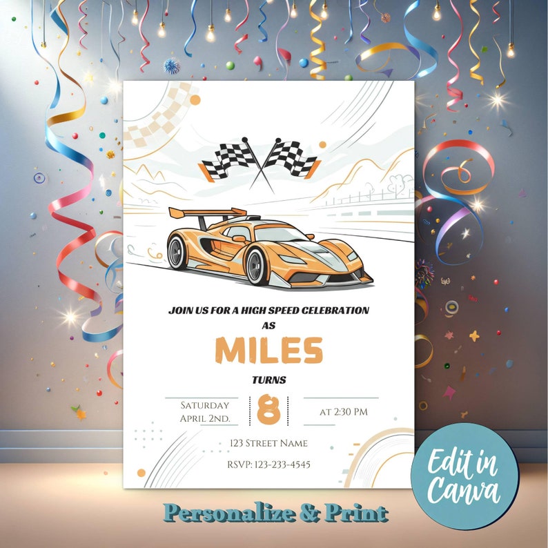 Editable Race Car Birthday Invitation Template 5"x7" #2, DIY Printable ...