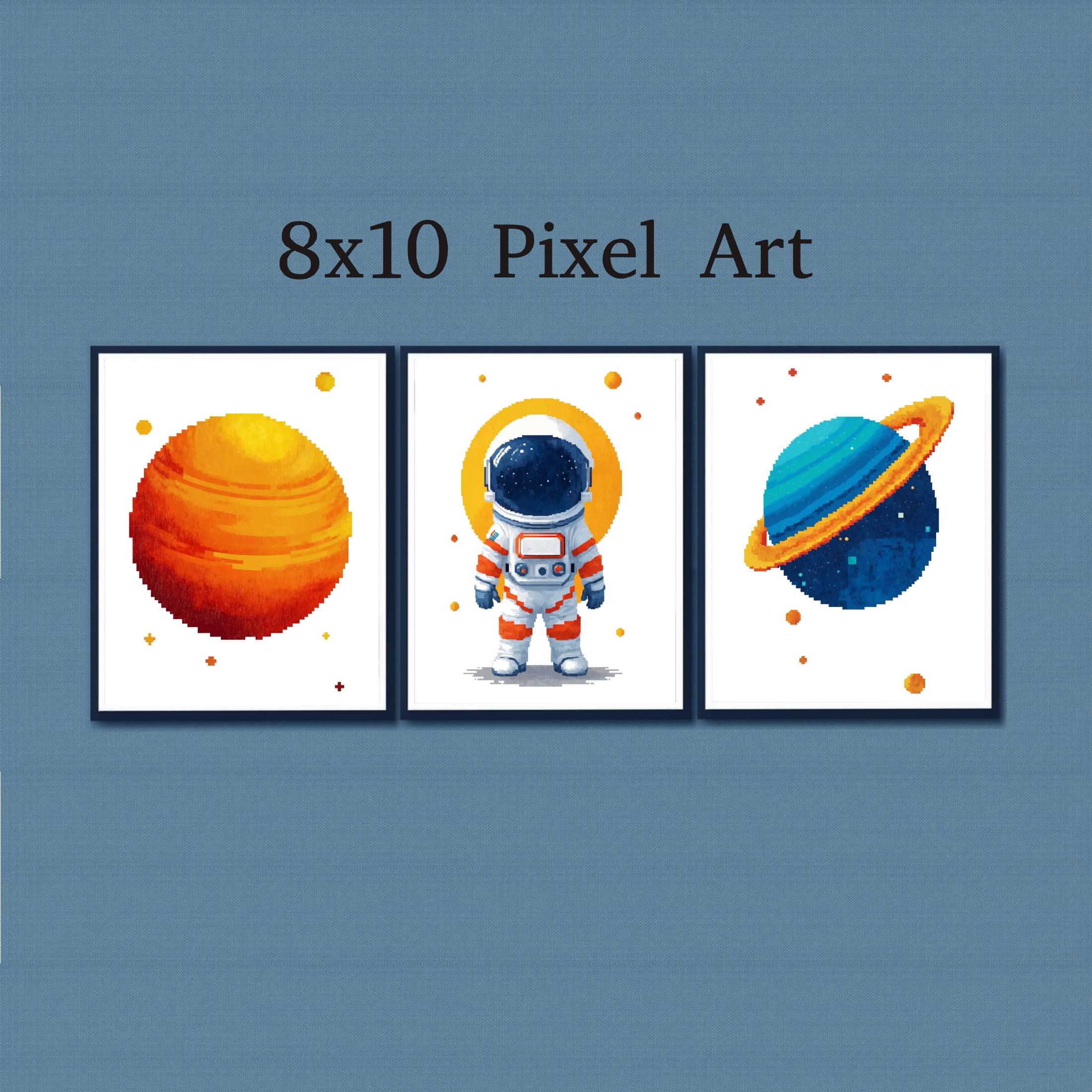 Space Theme Pixel Art Playroom Bundle Wall Art - Set of 3 Unframed ...