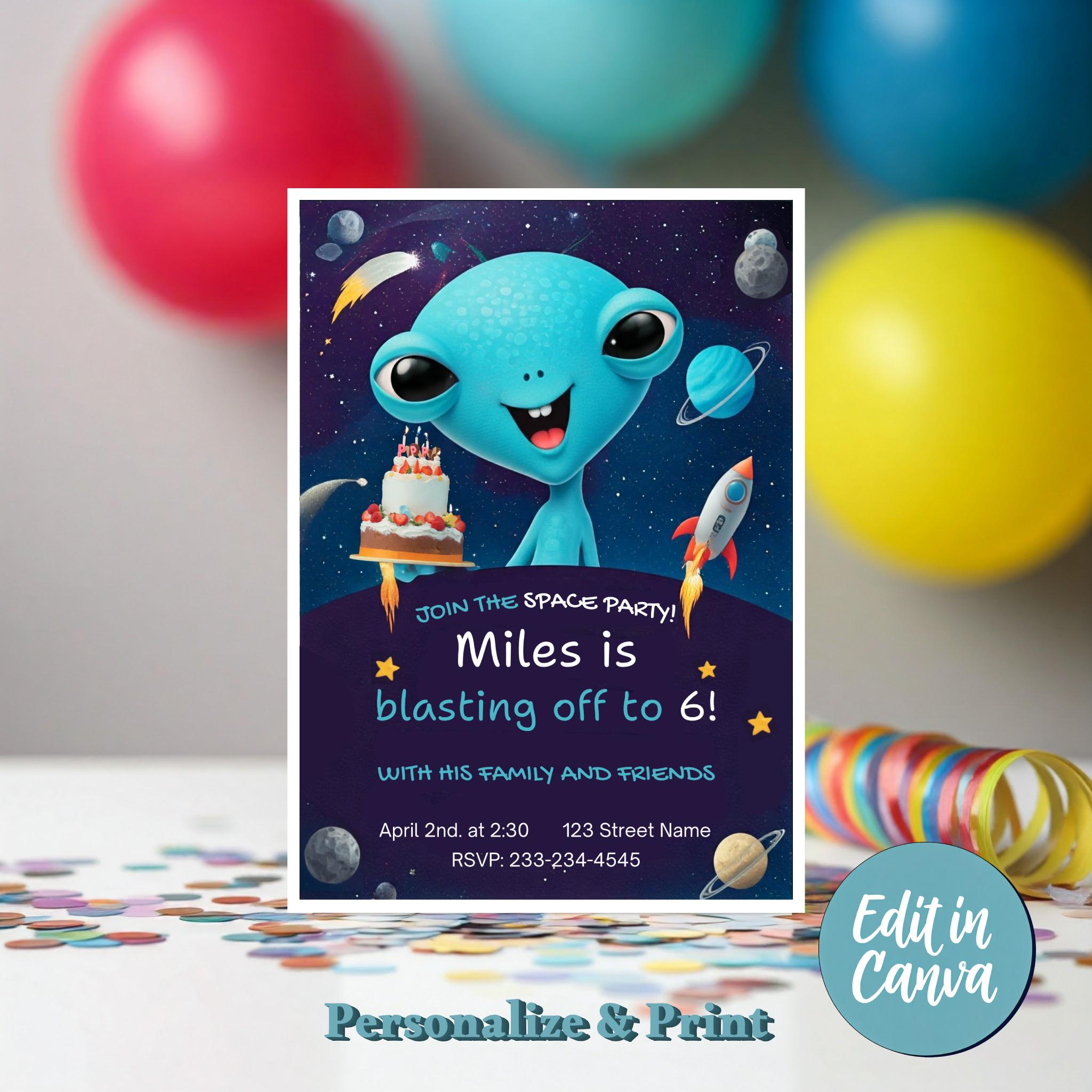 Editable Space Birthday Invitation Template 5"x7" | Alien, DIY ...