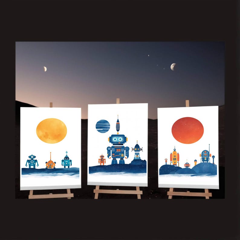 ROBOT Space Theme Wall Art Playroom Bundle - Set of 3 Unframed ...
