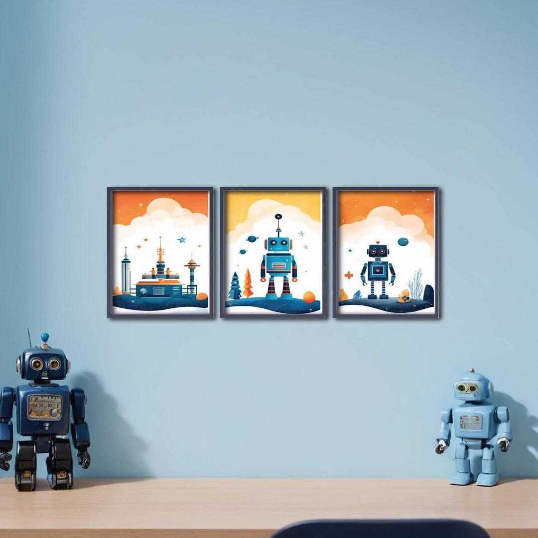 ROBOT Space Theme Art Playroom Bundle Wall Art - Set of 3 Unframed ...