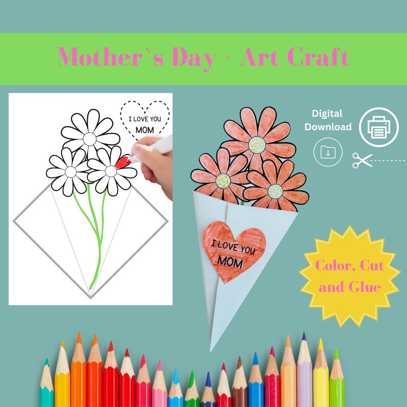 Mother's Day Flower Coloring Card Craft, Printable Gift (digital ...