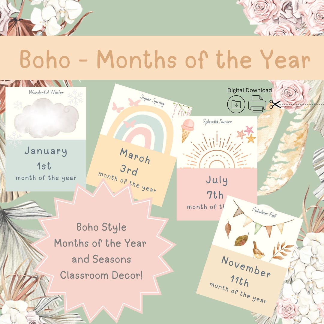 Boho Classroom Decor- Months of the Year & Seasons Classroom Printables ...
