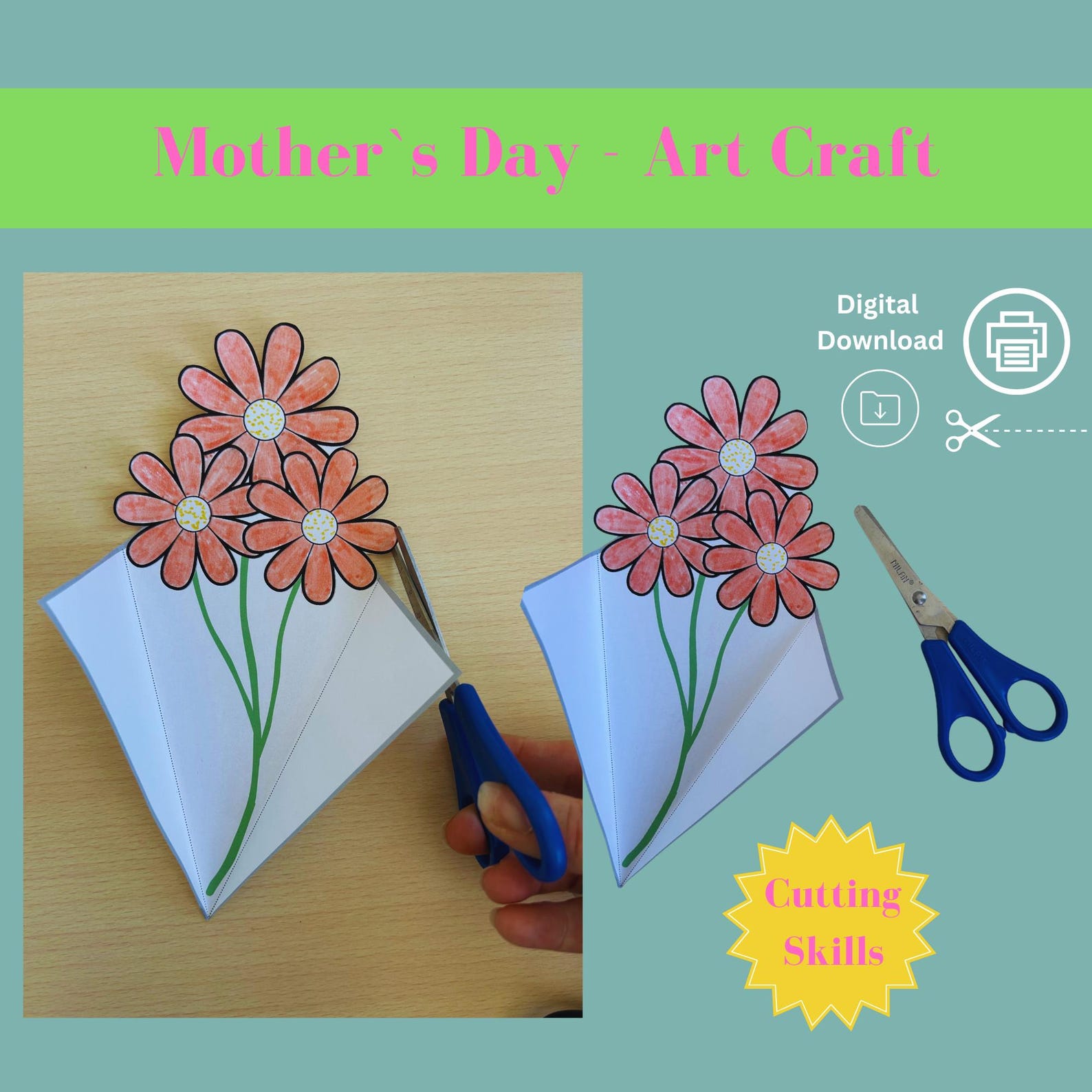 Mother's Day Flower Coloring Card Craft, Printable Gift (digital ...