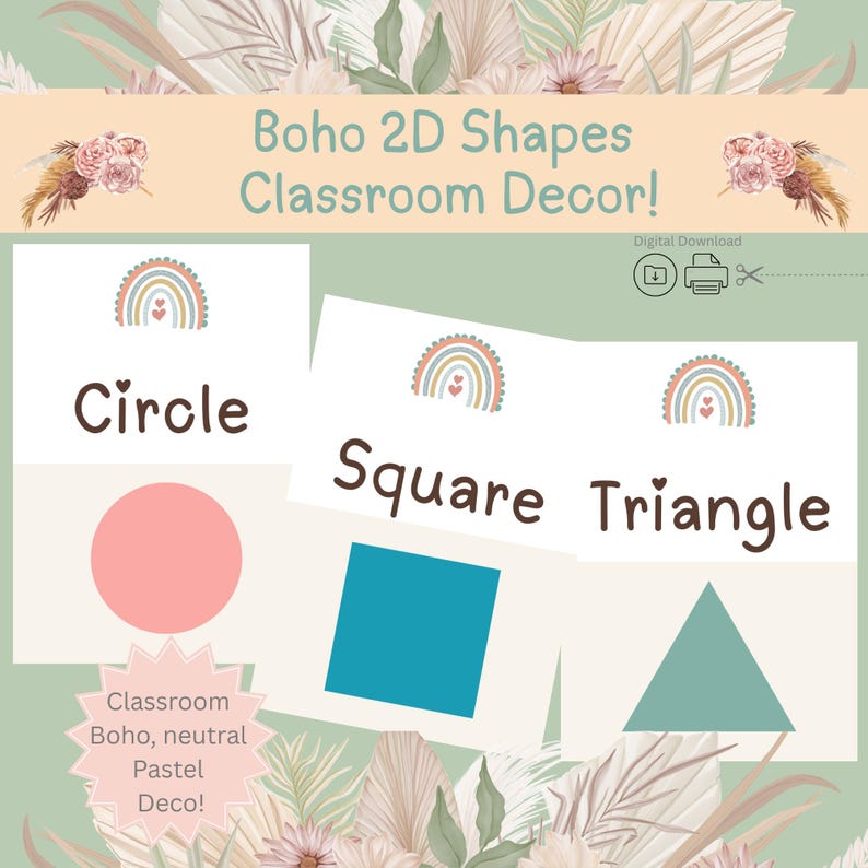 Boho Prek Classroom Decor, 2D Shapes Classroom Printable, Calm Neutral ...