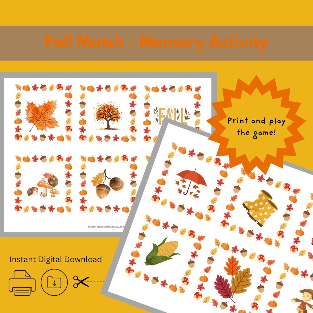 Fall Memory and Match Game, Instant Digital Download, Preschool ...