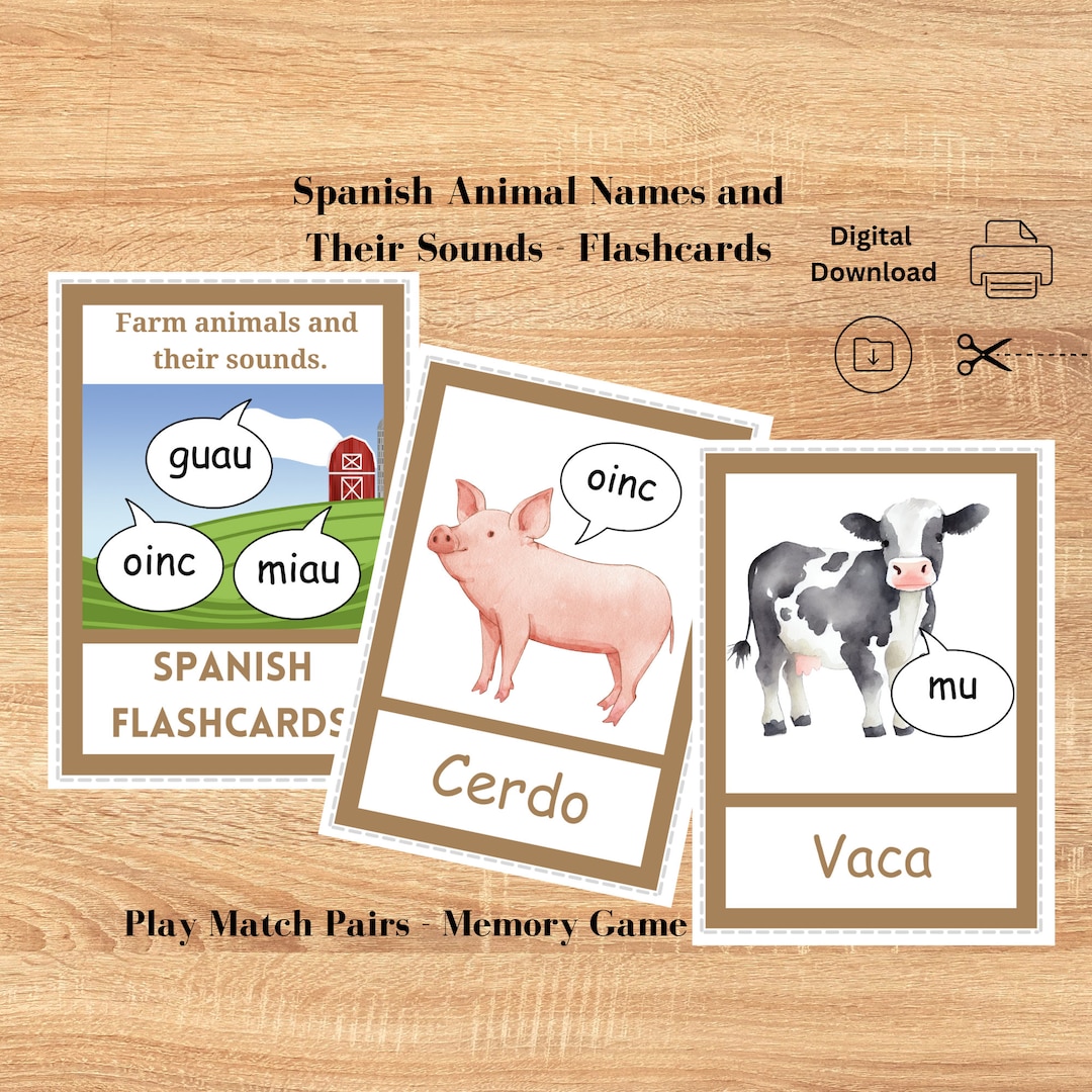 Spanish Animals Names and Their Sounds Flashcards - Animal Names and ...