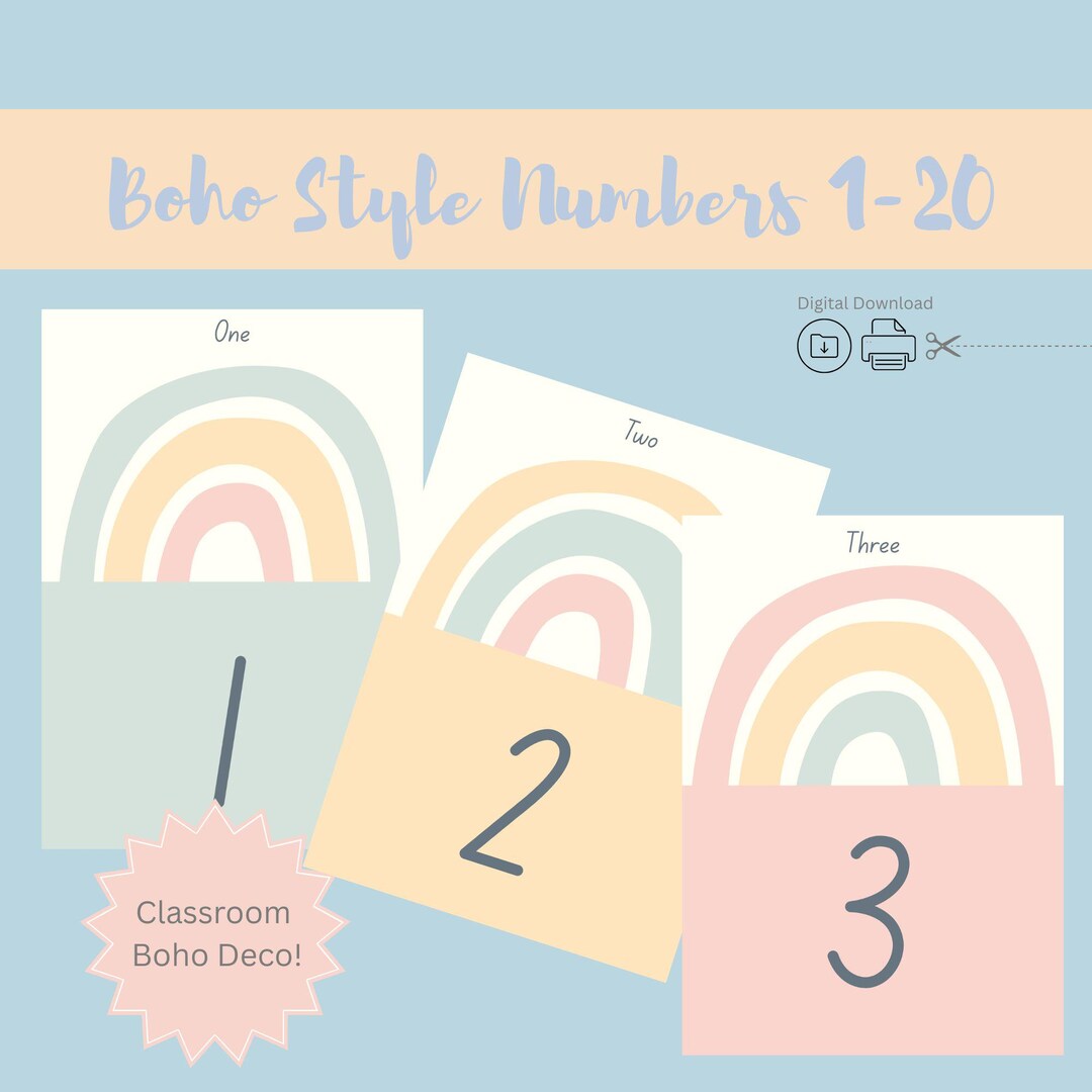 Boho Numbers 1-20 Printable, Neutral Boho Classroom Decor, Neutral Wall ...