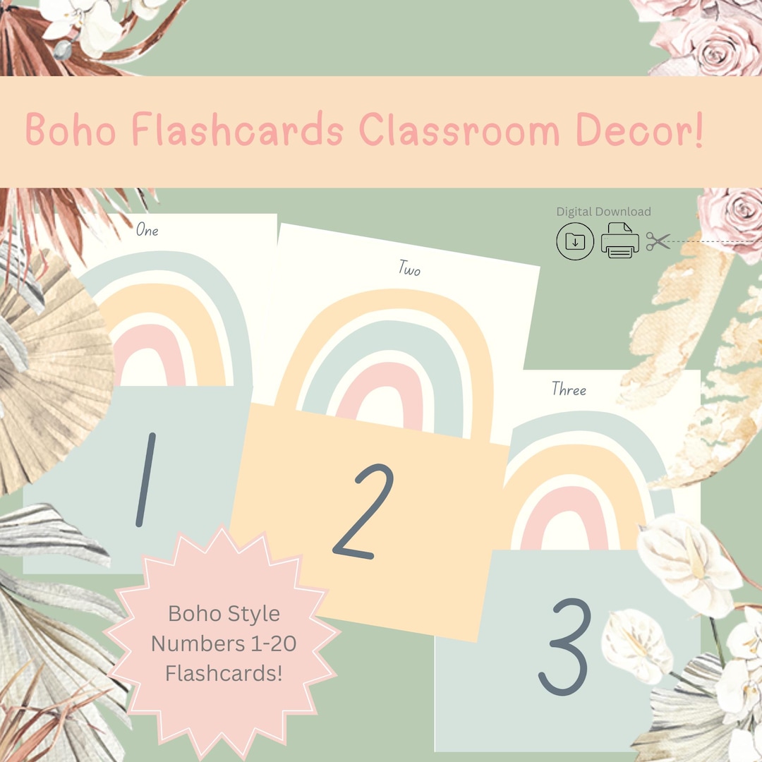 Boho Classroom FLASHCARDS 1-20 Printable, Neutral Pastel Classroom ...