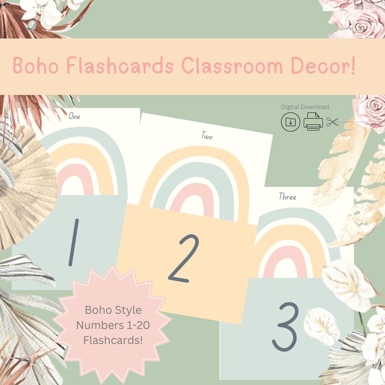 Boho Classroom FLASHCARDS 1-20 Printable, Neutral Pastel Classroom ...
