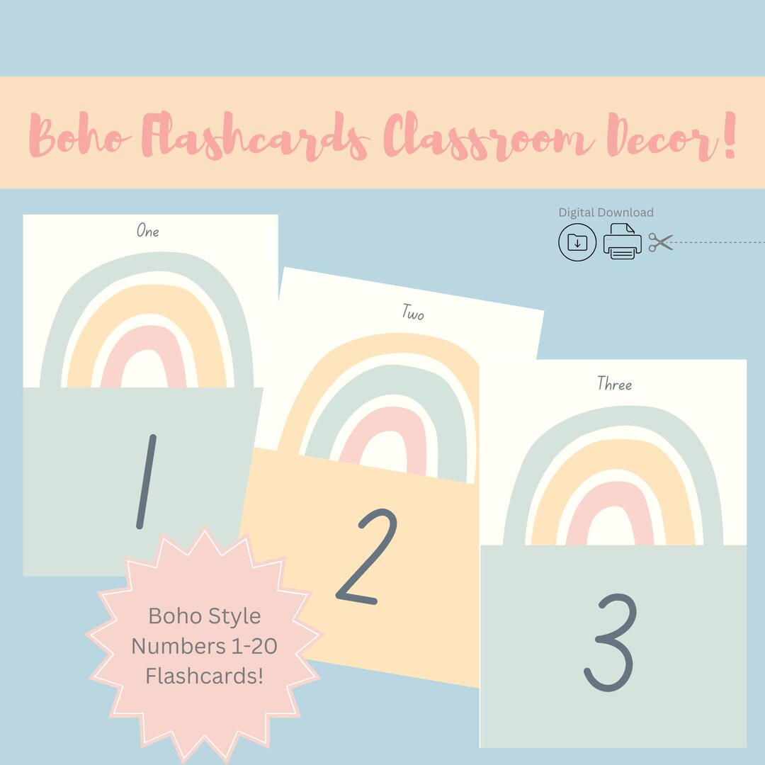 Boho FLASHCARDS No's 1-20 Printable, Neutral Boho Classroom Decor ...