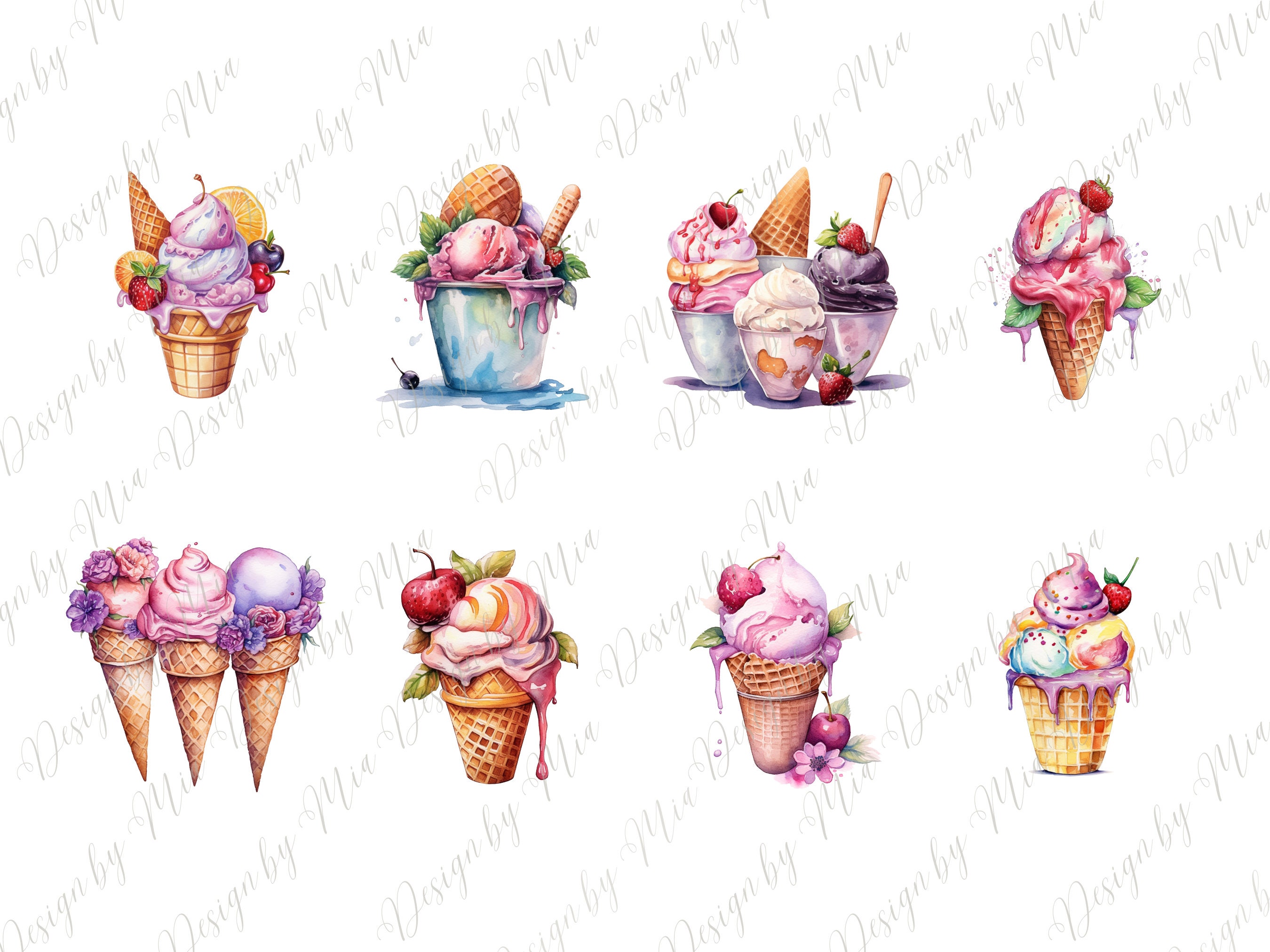 Watercolor Ice Cream Clipart Bundle 16 Sweet Images 10x10 - Etsy