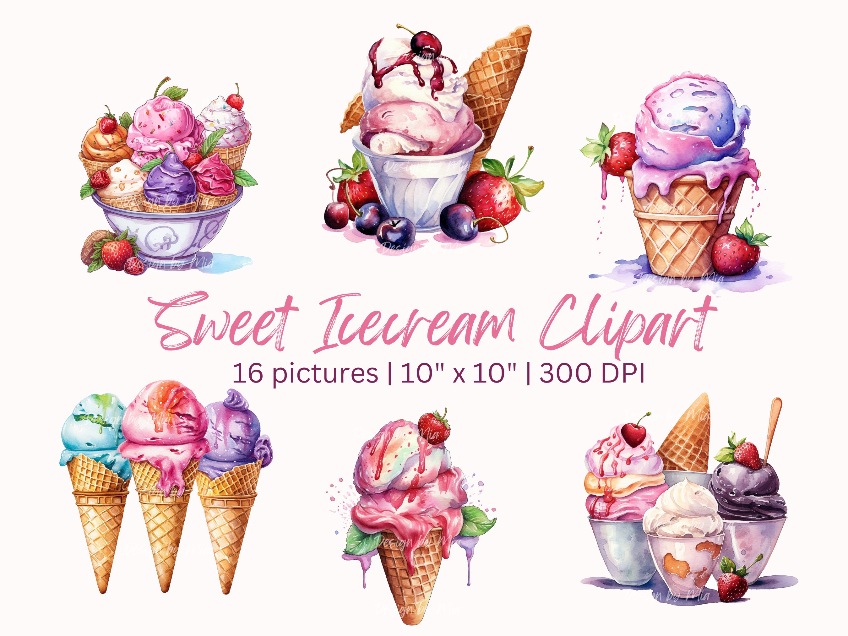 Watercolor Ice Cream Clipart Bundle 16 Sweet Images 10x10 - Etsy