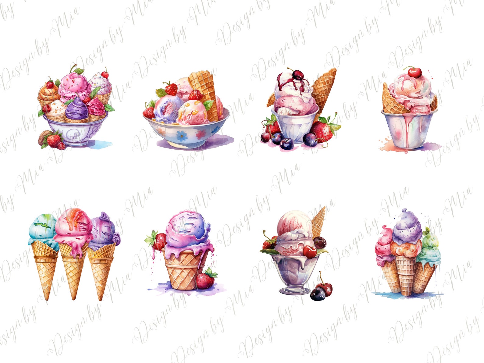 Watercolor Ice Cream Clipart Bundle 16 Sweet Images 10x10 - Etsy