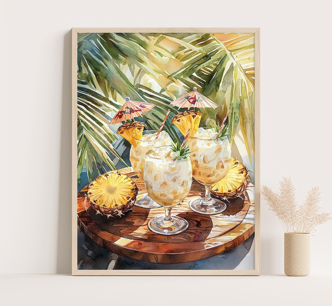 Tropical Piña Colada Watercolor Print – Coconut & Pineapple Cocktail ...