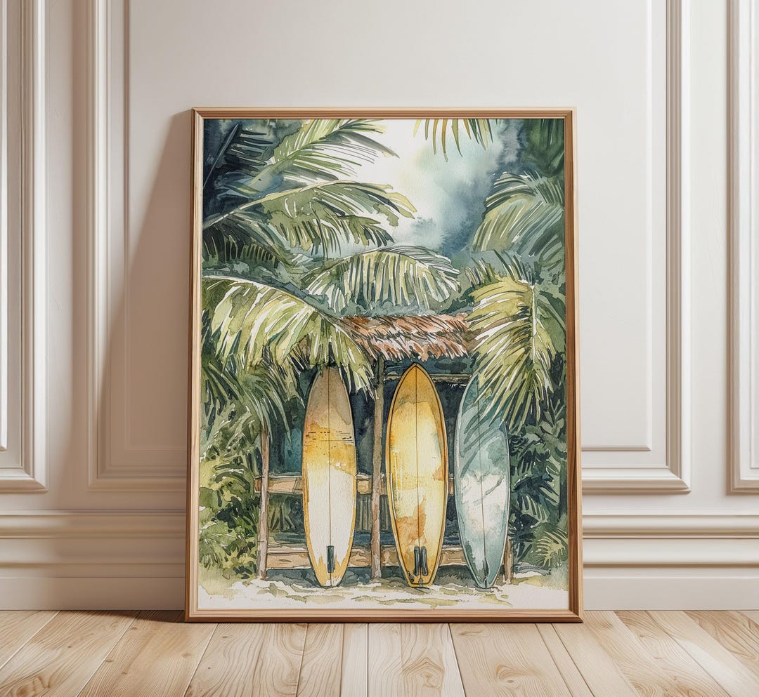 Tropical Surf Shack Watercolor Print – Beach Hut Wall Art, Surfboard ...