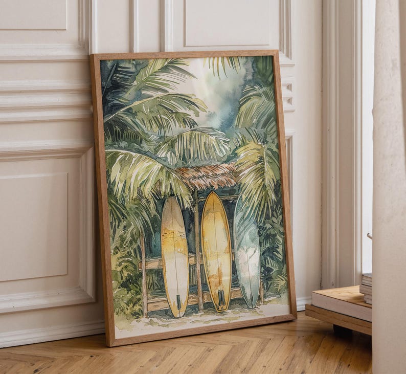 Tropical Surf Shack Watercolor Print – Beach Hut Wall Art, Surfboard ...