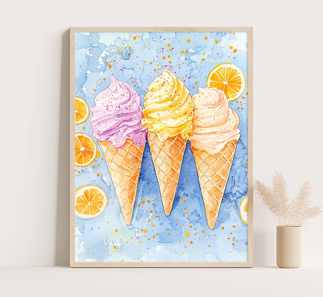 Pastel Gelato Cones Watercolor Print – Vintage Summer Dessert Art ...