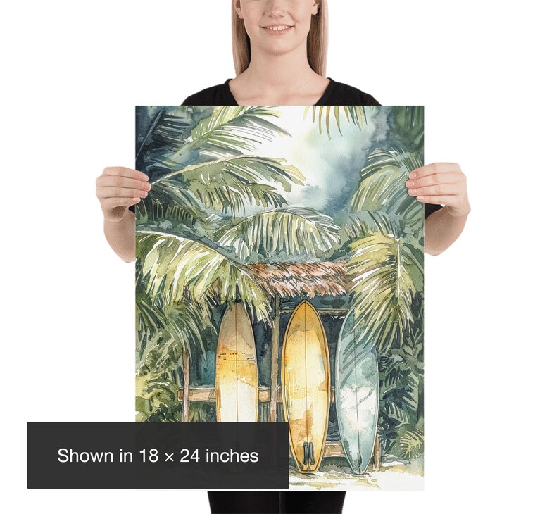Tropical Surf Shack Watercolor Print – Beach Hut Wall Art, Surfboard ...