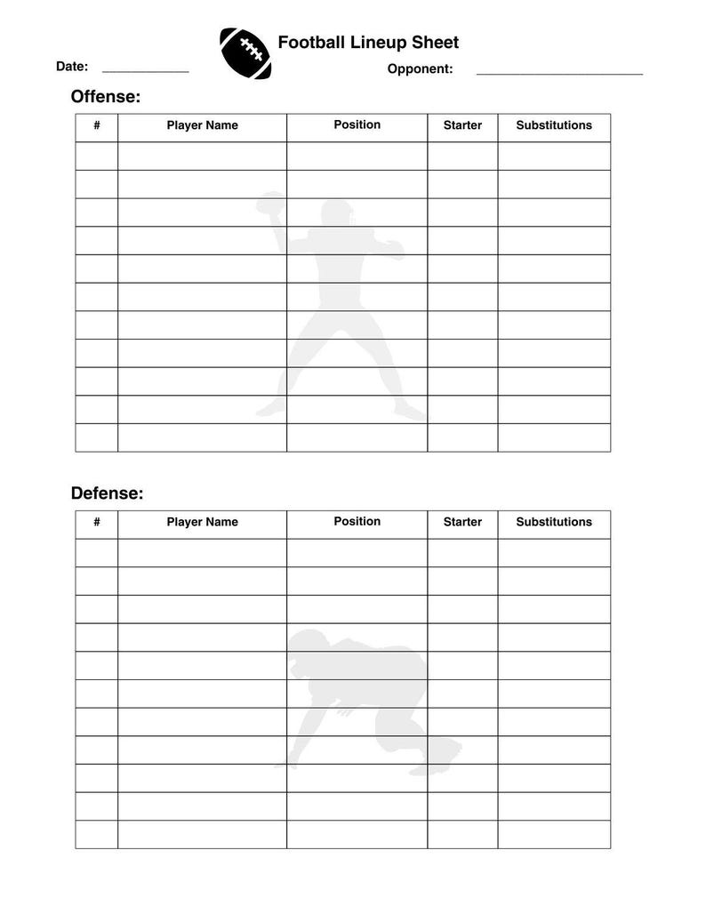 Football Position and Line up Sheets 8.5x11" | 4 Digital Downloads ...