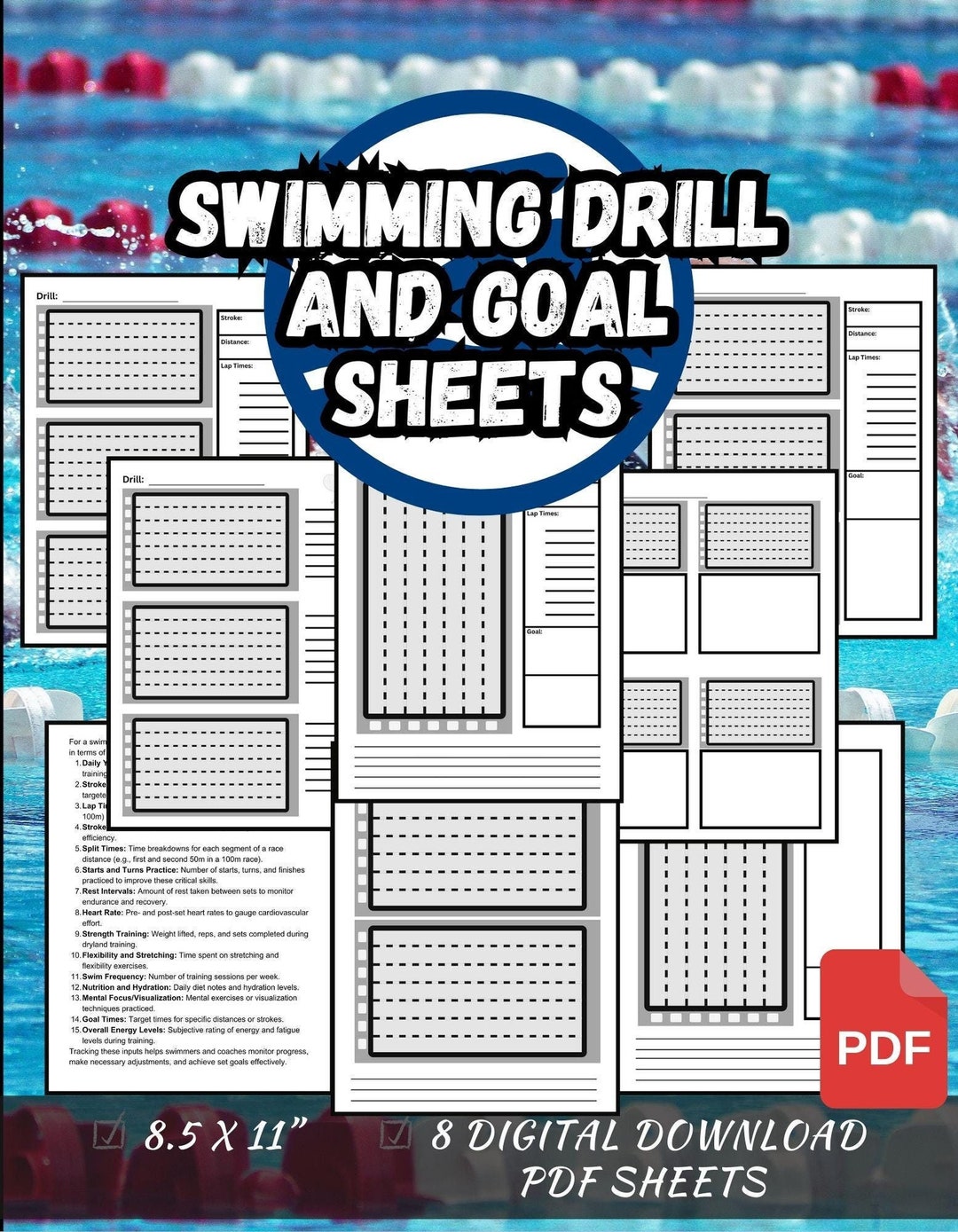 Swimming Pool Drill Goal Sheets for Swimming Coach or Player 11x8.5 | 8 ...