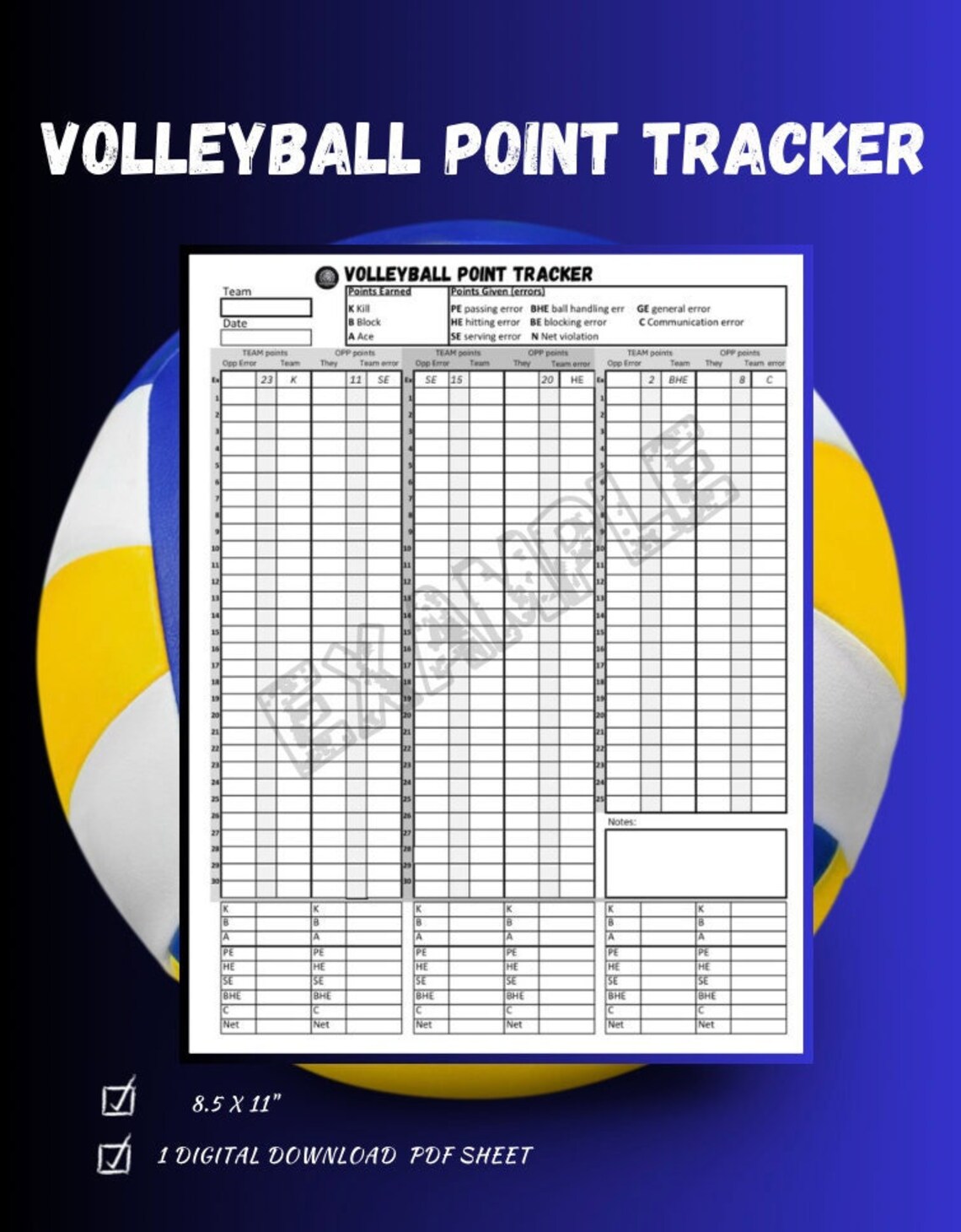 Volleyball Point Tracker Sheet for Coach 8.5x11” | Digital Download ...