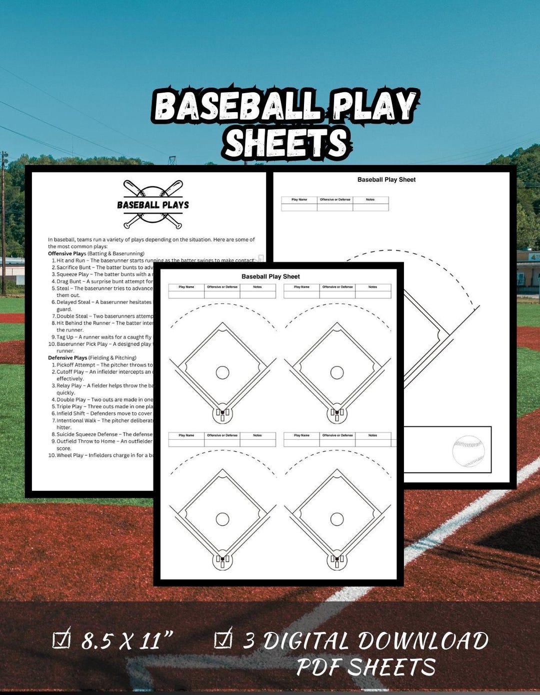 Baseball Play Sheets 8.5x11" | 3 Digital Downloads | Baseball Coach ...