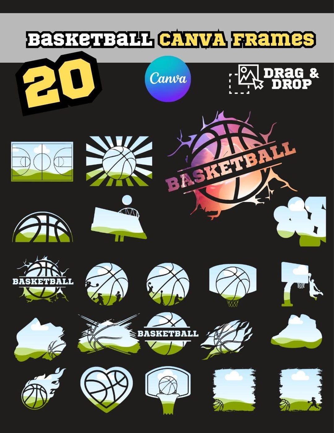 Basketball Canva Frames, Basketball Canva Templates, Editable Ball ...