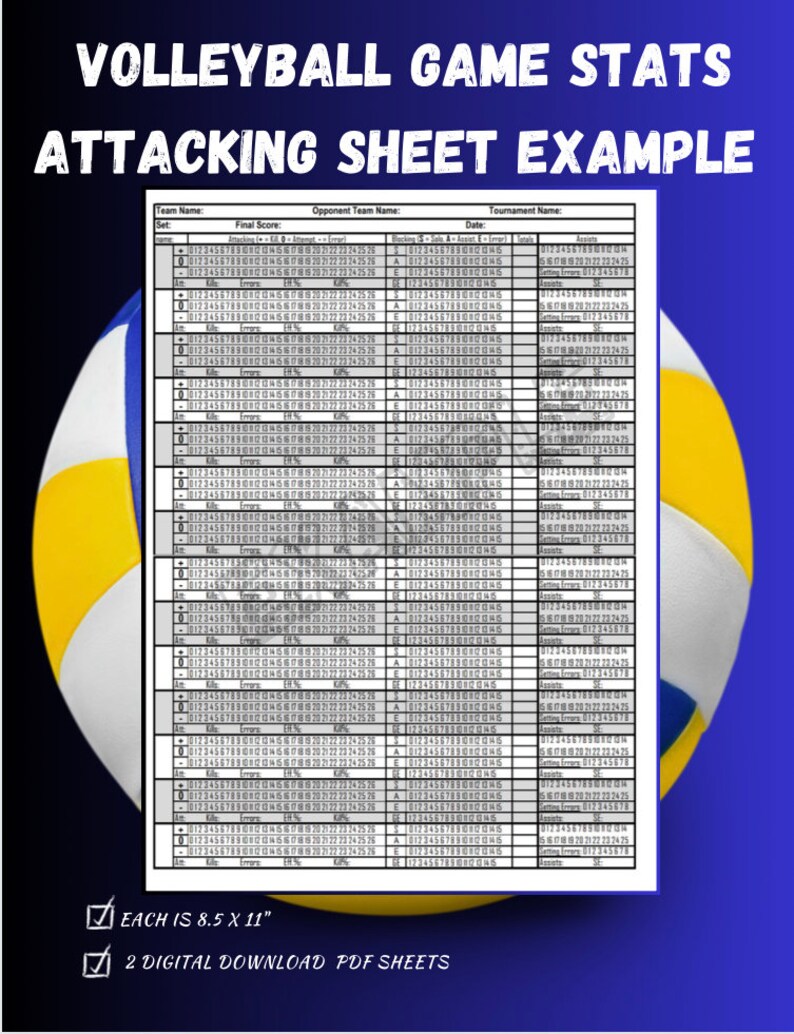 Volleyball Quick Edit Game Stats Sheets for Coach 2 - 8.5x11” Pdf Files ...