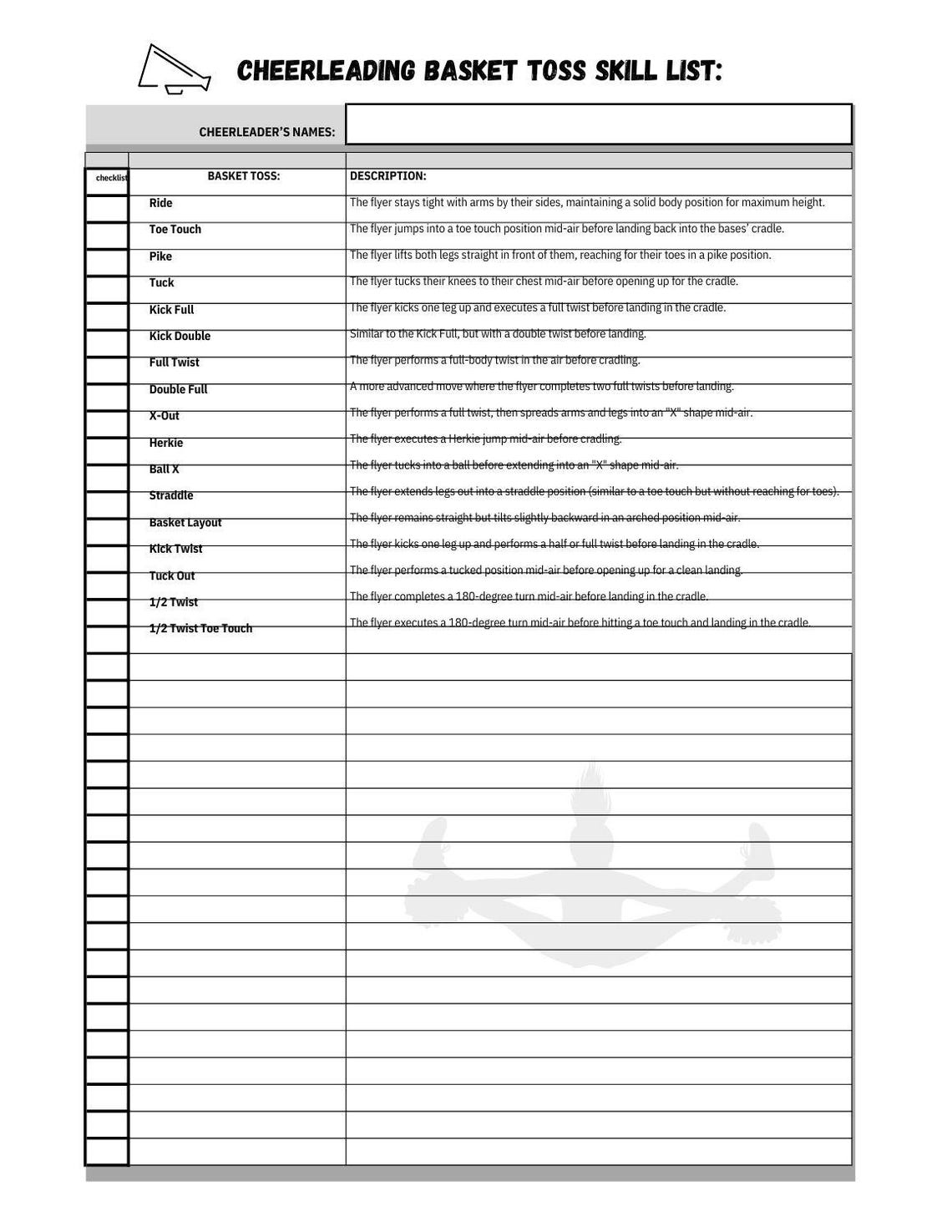 Cheerleading Skills List Sheets 11 X 8.5" | 10 Pdf Digital Downloads ...