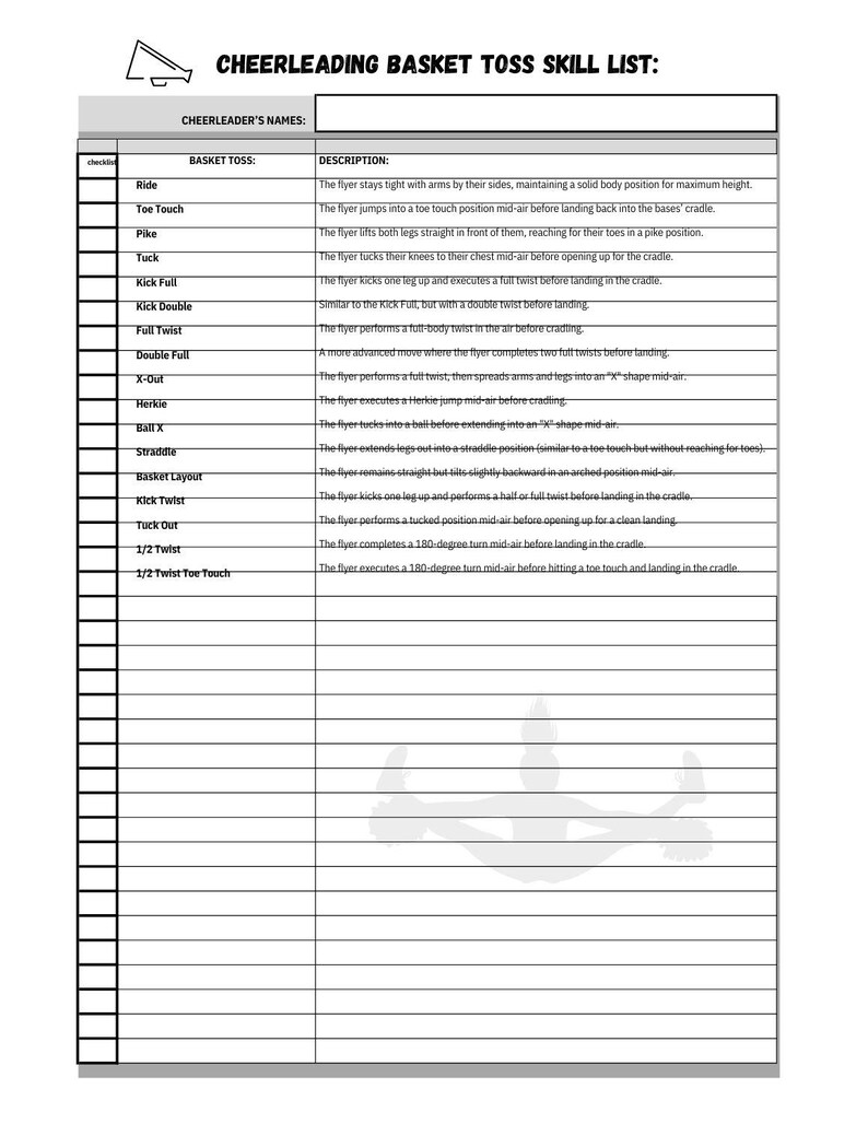 Cheerleading Skills List Sheets 11 X 8.5" | 10 Pdf Digital Downloads ...