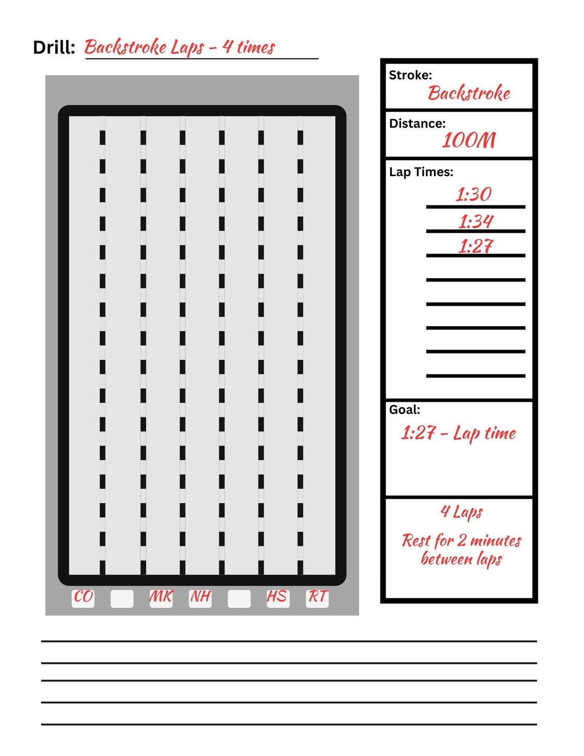 Swimming Pool Drill Goal Sheets for Swimming Coach or Player 11x8.5 8 ...