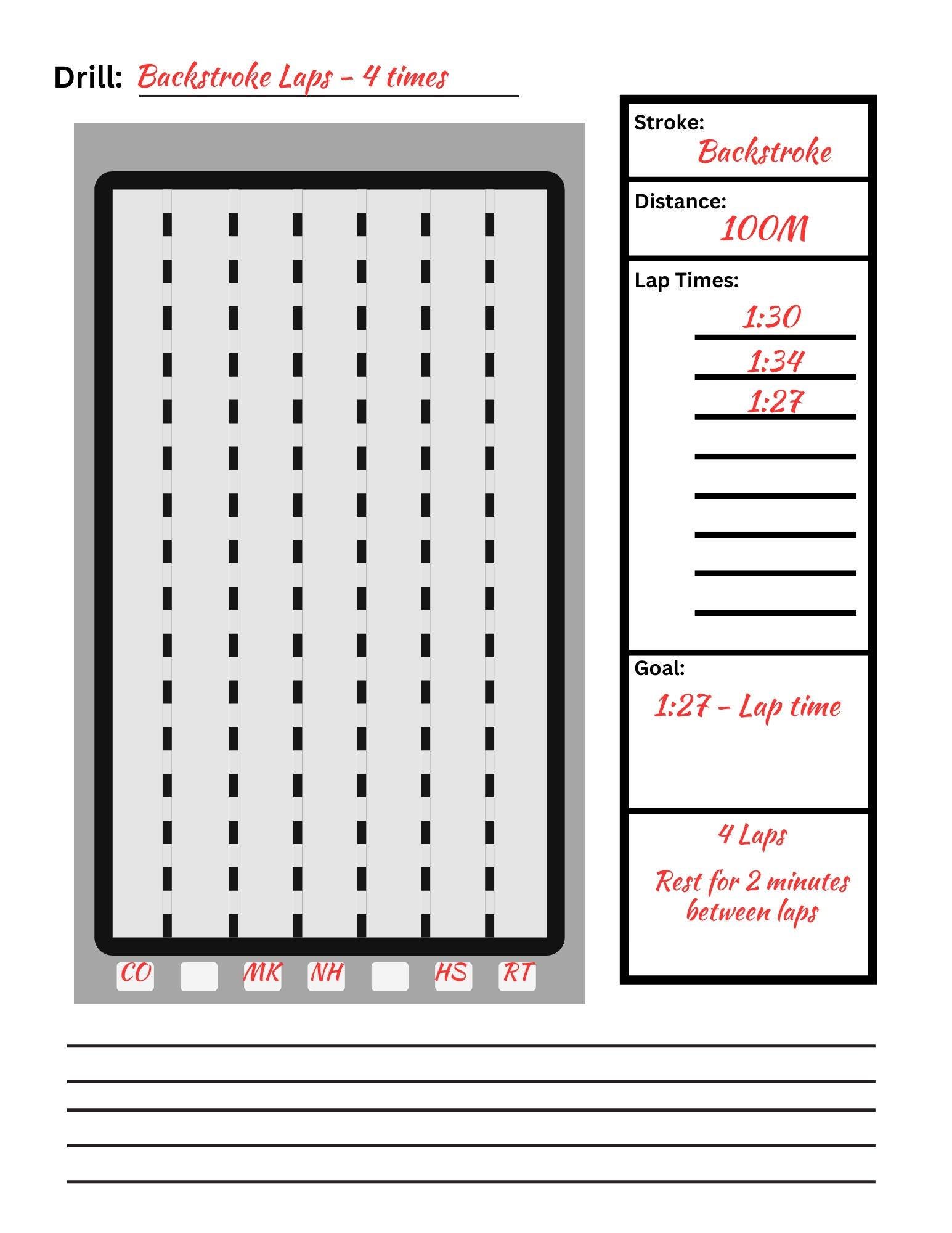 Swimming Pool Drill Goal Sheets for Swimming Coach or Player 11x8.5 | 8 ...