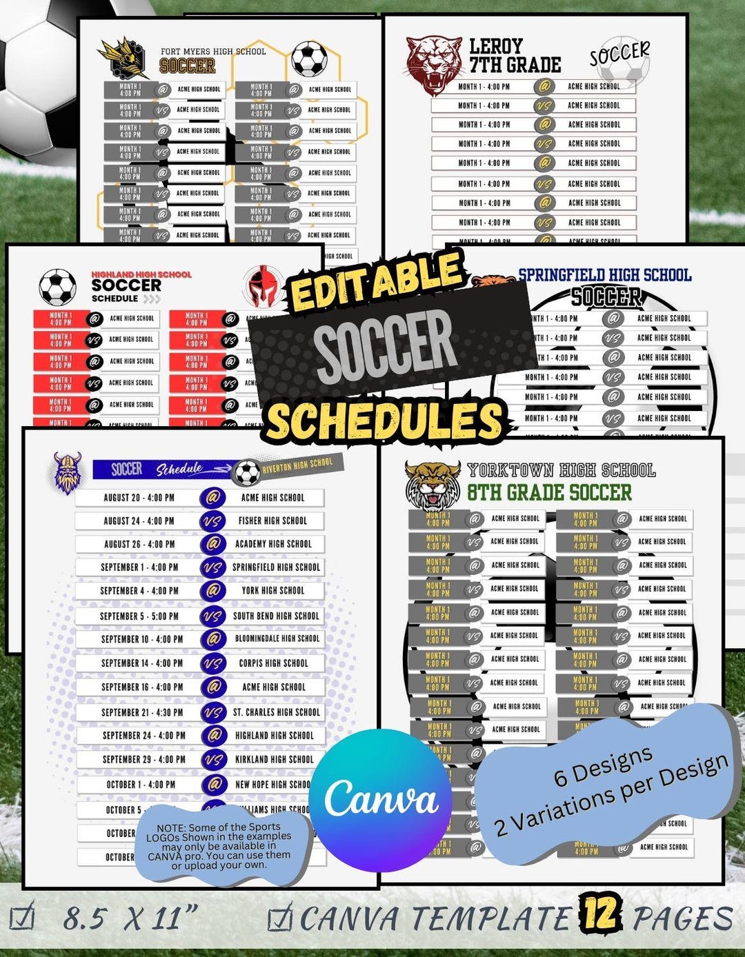 Editable Soccer Schedule Template | 6 Designs, 2 Variations per Design ...