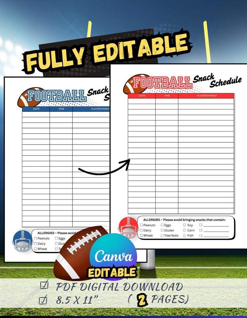 Editable Football Snack Schedule | Team Sign-up Sheet Template | Game ...