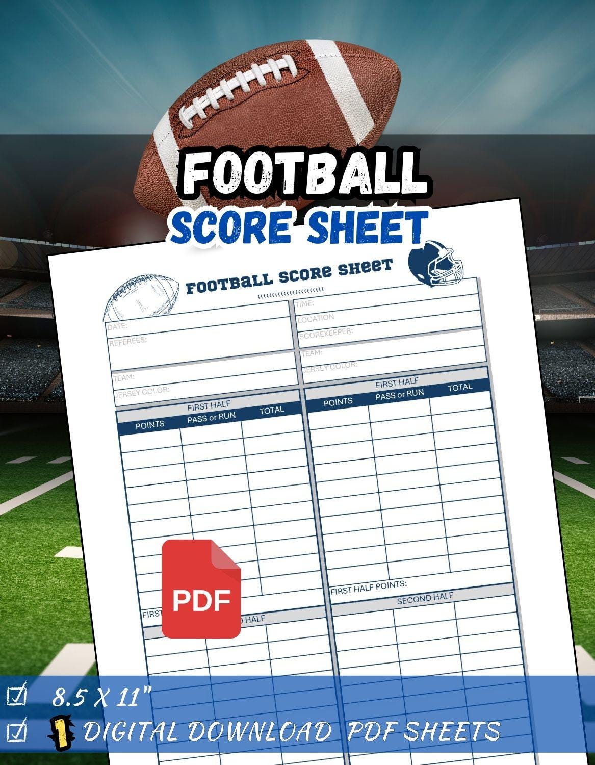 Football Score Sheet Printable | Digital Download | Game Score Tracker ...