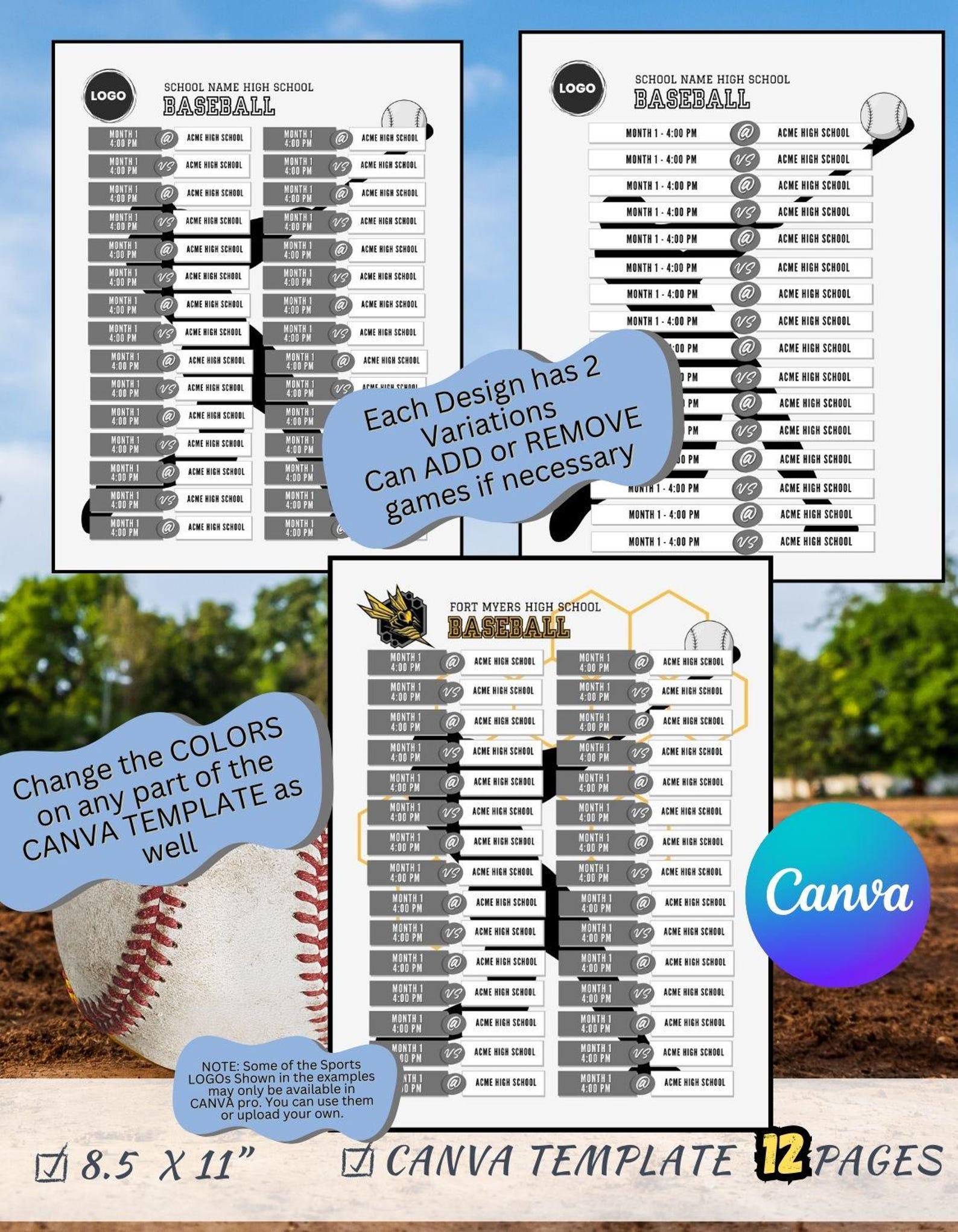 Editable BASEBALL Schedule Template | 6 Designs, 2 Variations per ...