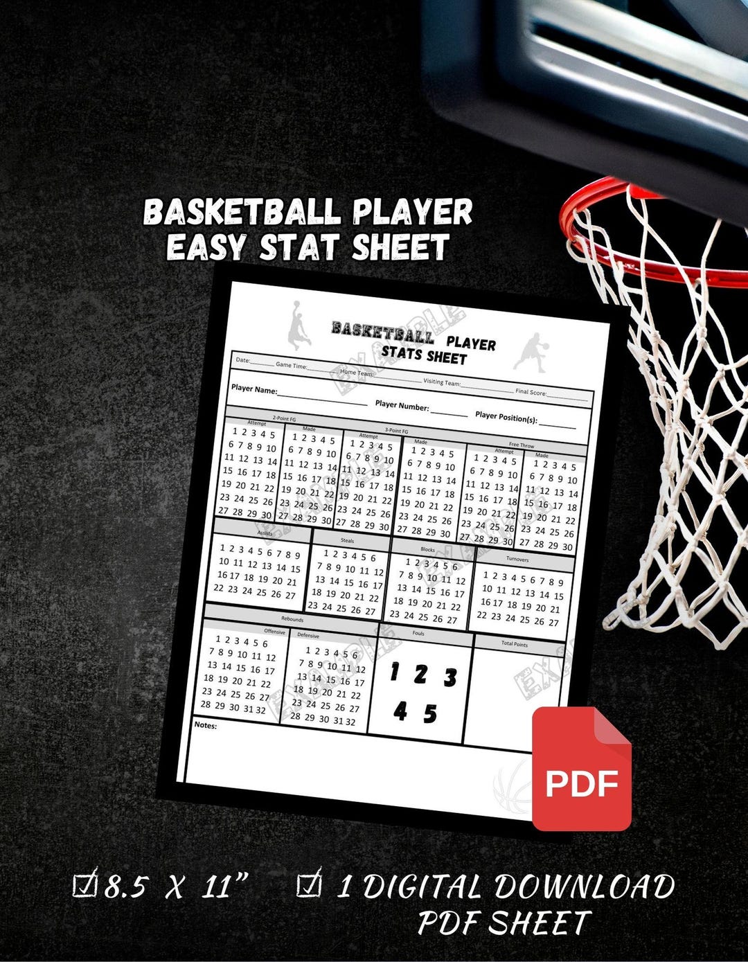 Basketball Quick and Easy 1 Player Stat Sheet for Basketball Coach or ...