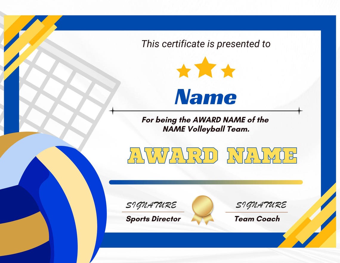 Volleyball Award Certificate Editable Canva Template | Printable Award ...