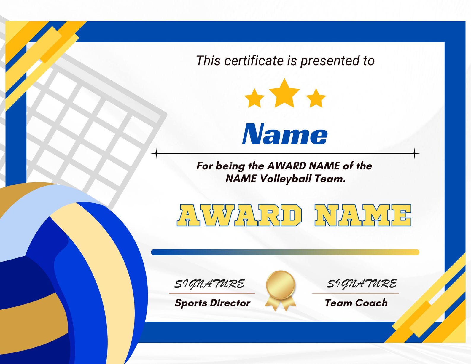Volleyball Award Certificate Editable Canva Template | Printable Award ...