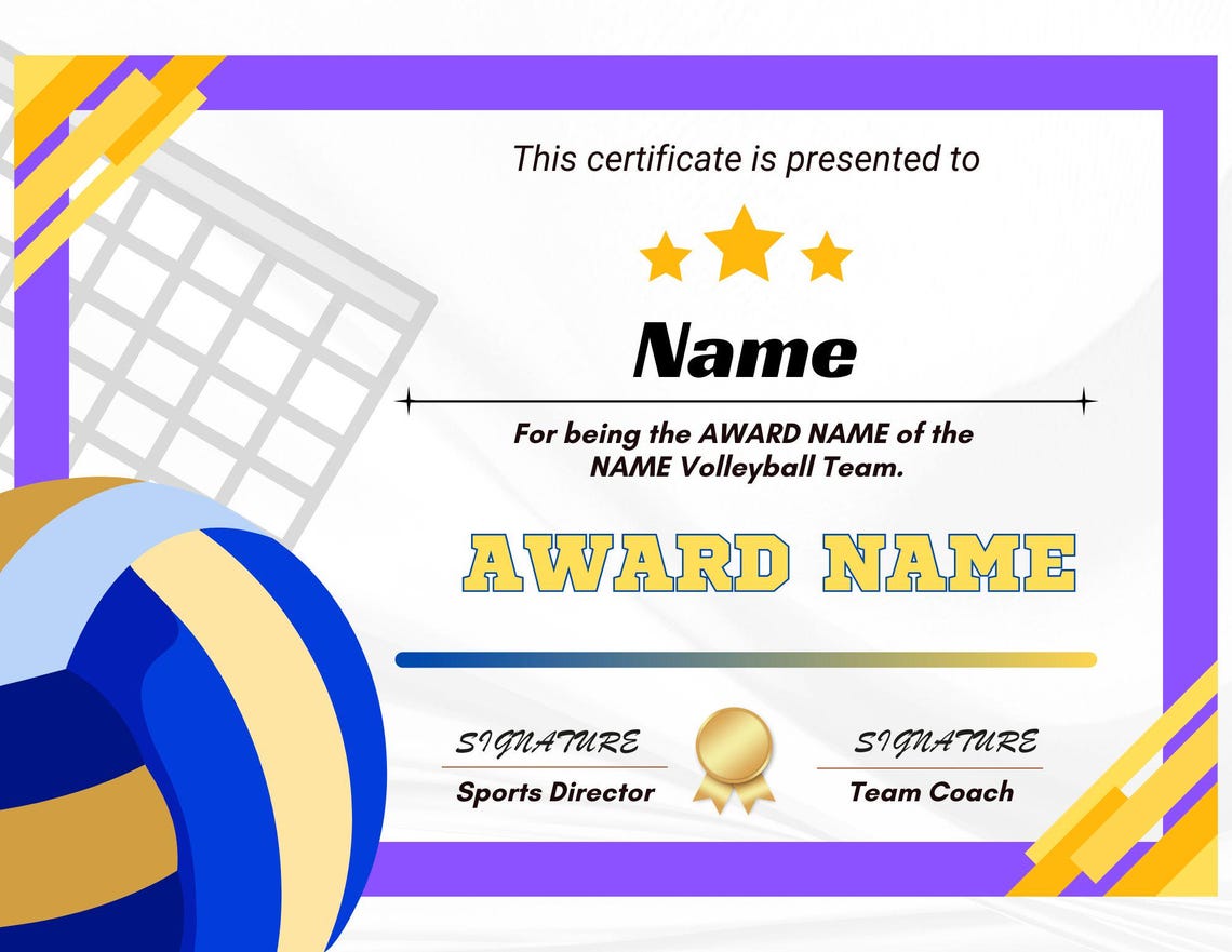 Volleyball Award Certificate Editable Canva Template | Printable Award ...