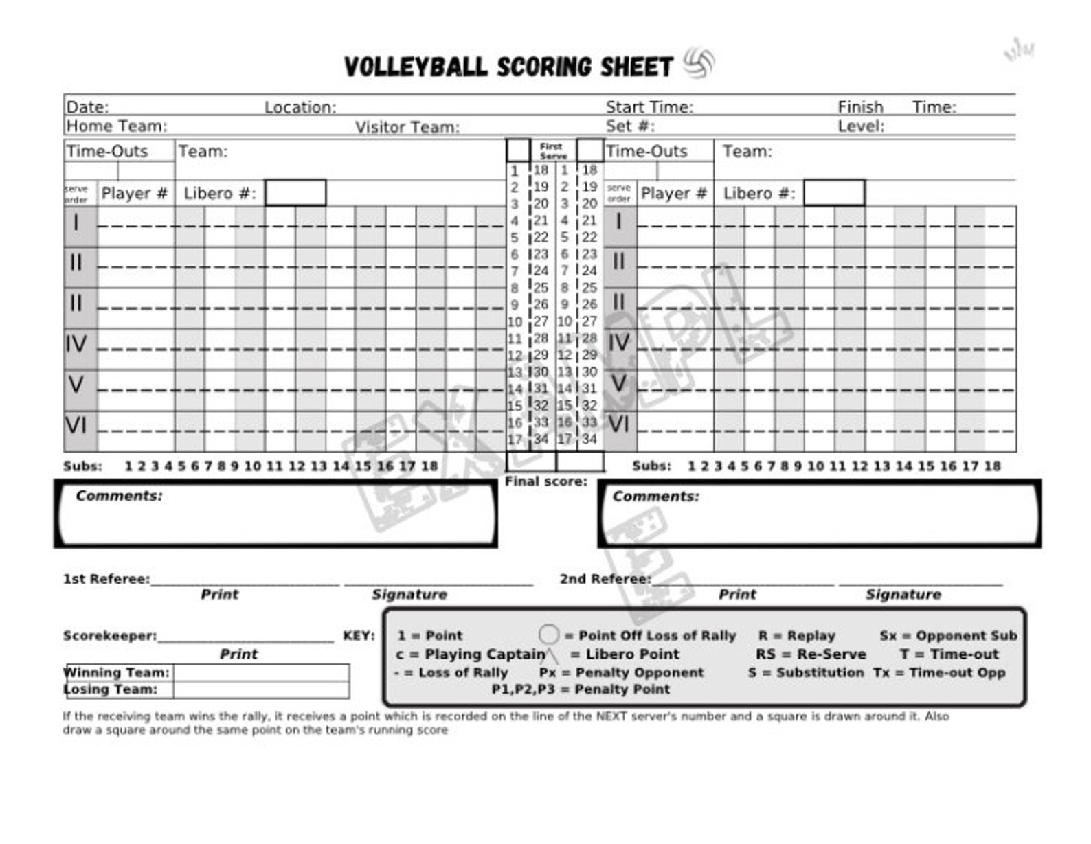 Volleyball Scoring Sheet for Volleyball Coach 11x8.5” | Digital ...