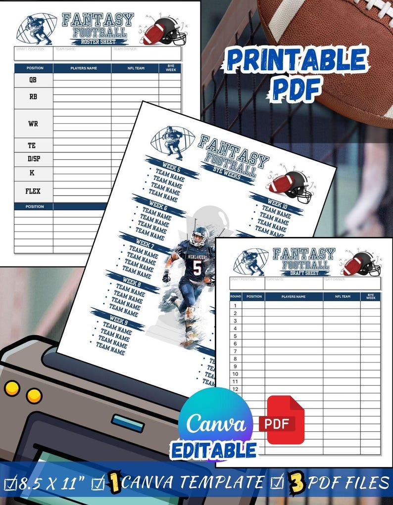 Fantasy Football Draft & Roster Sheets + Bonus Bye Week Calendar ...