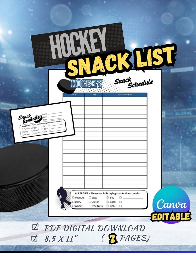 Editable HOCKEY Snack Schedule | Team Sign-up Sheet Template | Game Day ...