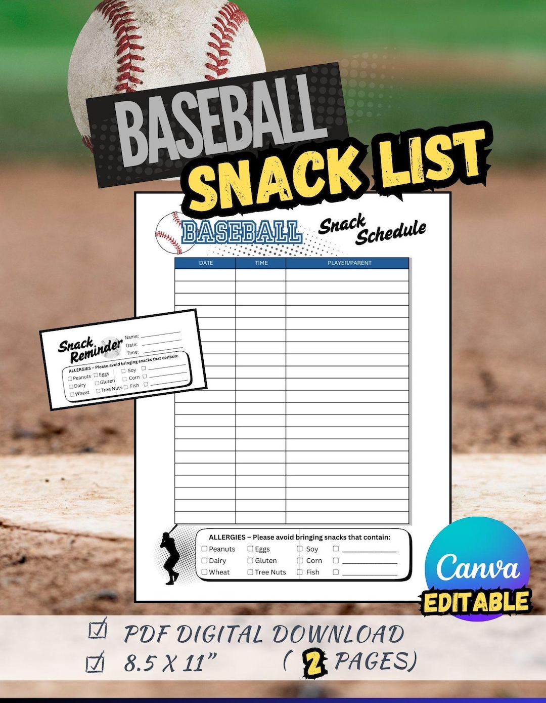 Editable BASEBALL Snack Schedule | Team Sign-up Sheet Template | Game ...