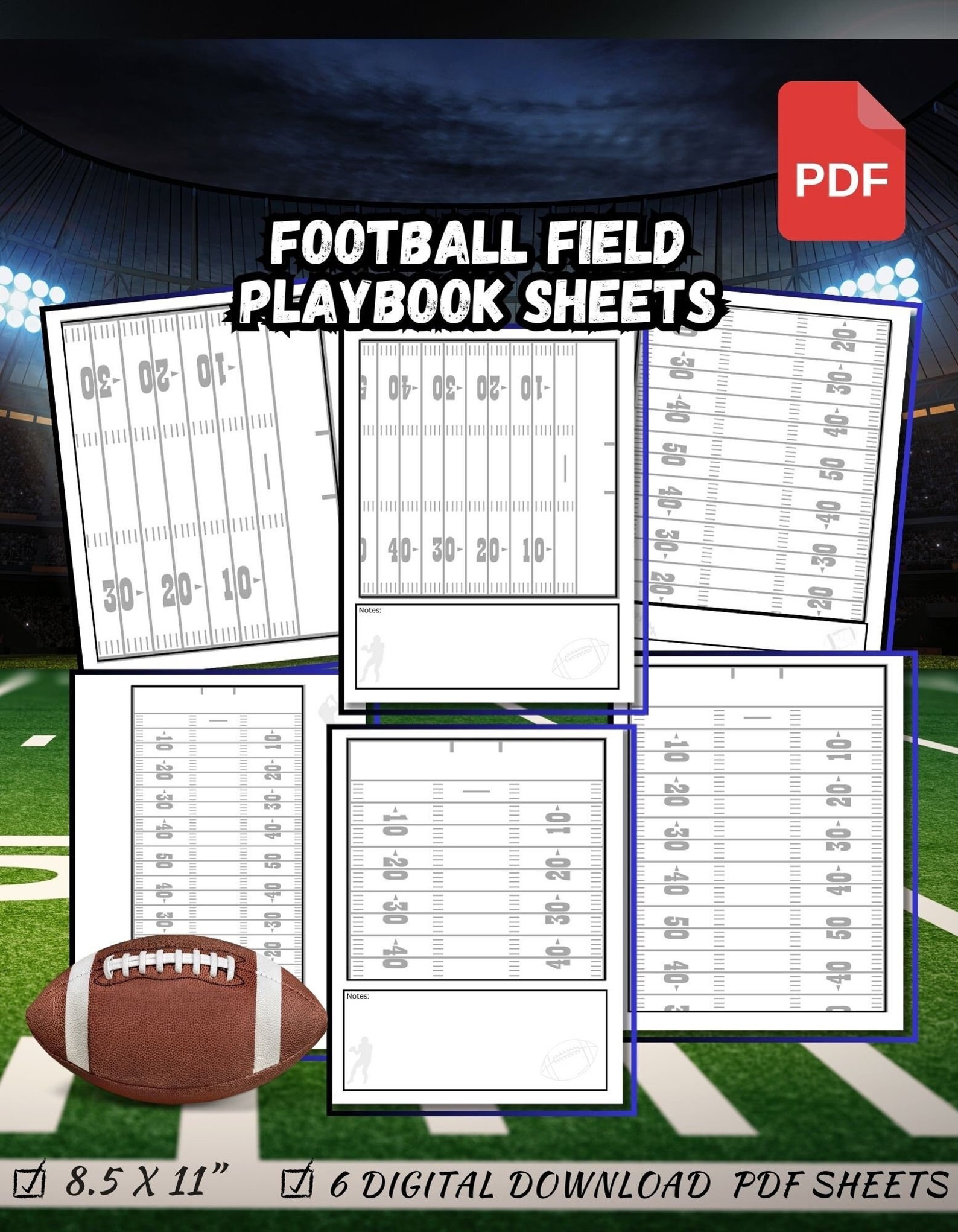 Football Field Playbook Sheets for Football Coach or Player 8.5x11 | 6 ...