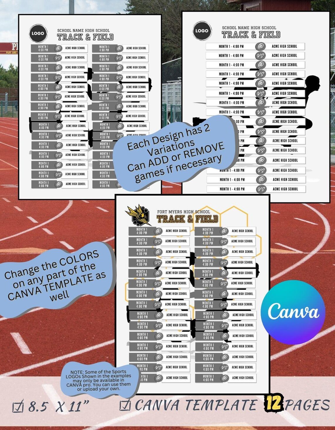 Editable Track & Field Schedule Template | 6 Designs, 2 Variations per ...
