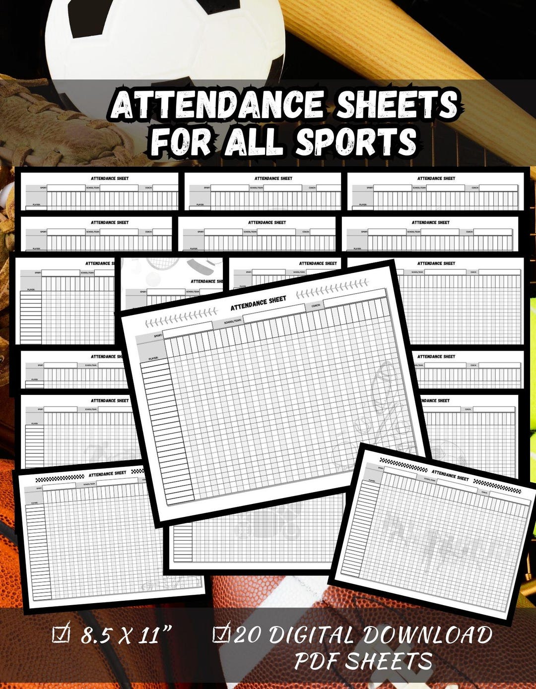 Attendance Sheets for All Sports 11x8.5" | 20 Digital Downloads ...