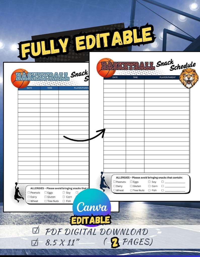 Editable BASKETBALL Snack Schedule | Team Sign-up Sheet Template | Game ...