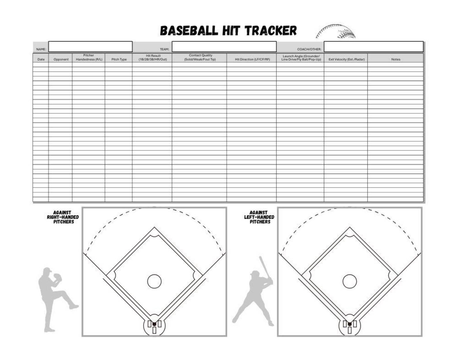 Baseball Hit Tracker Sheet 8.5x11" | 1 Digital Download | Baseball ...